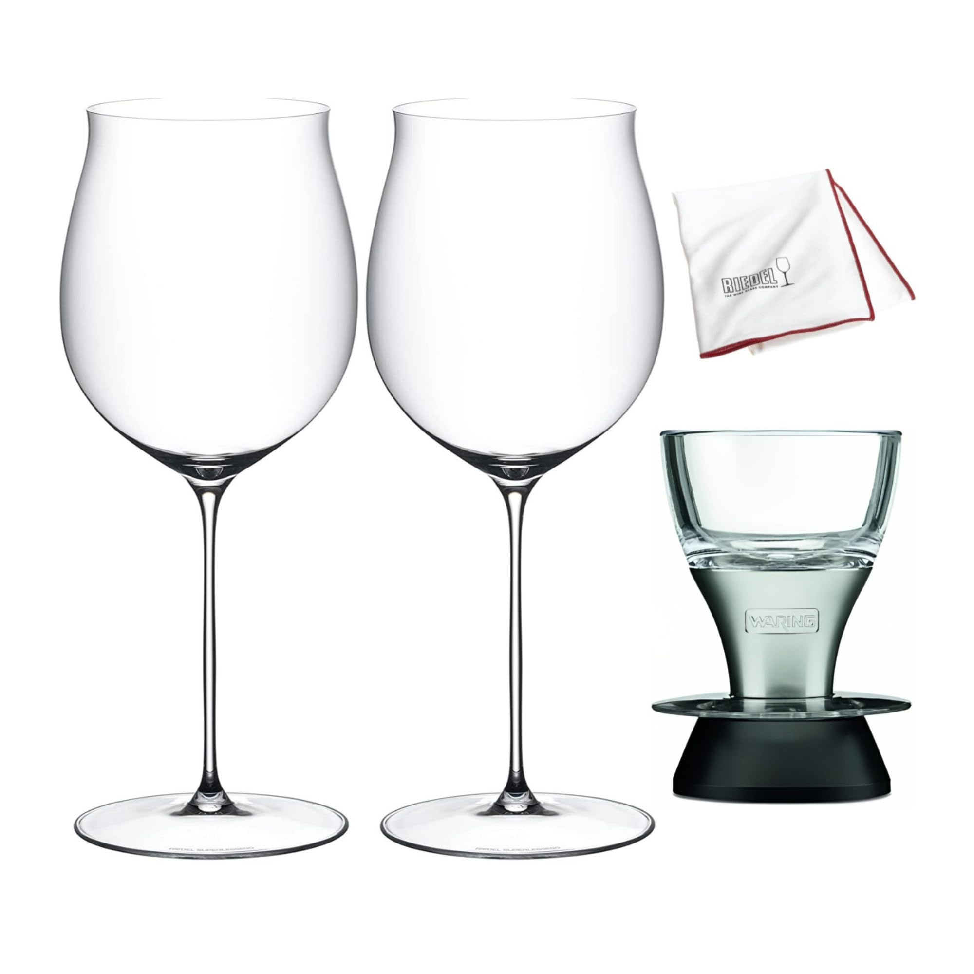 Riedel Supperleggero Burgundy Grand Cru 2 Glasses Bundle with Waring Pro Wine Aerator and Riedel Large Microfiber Polishing Cloth (4 Items)