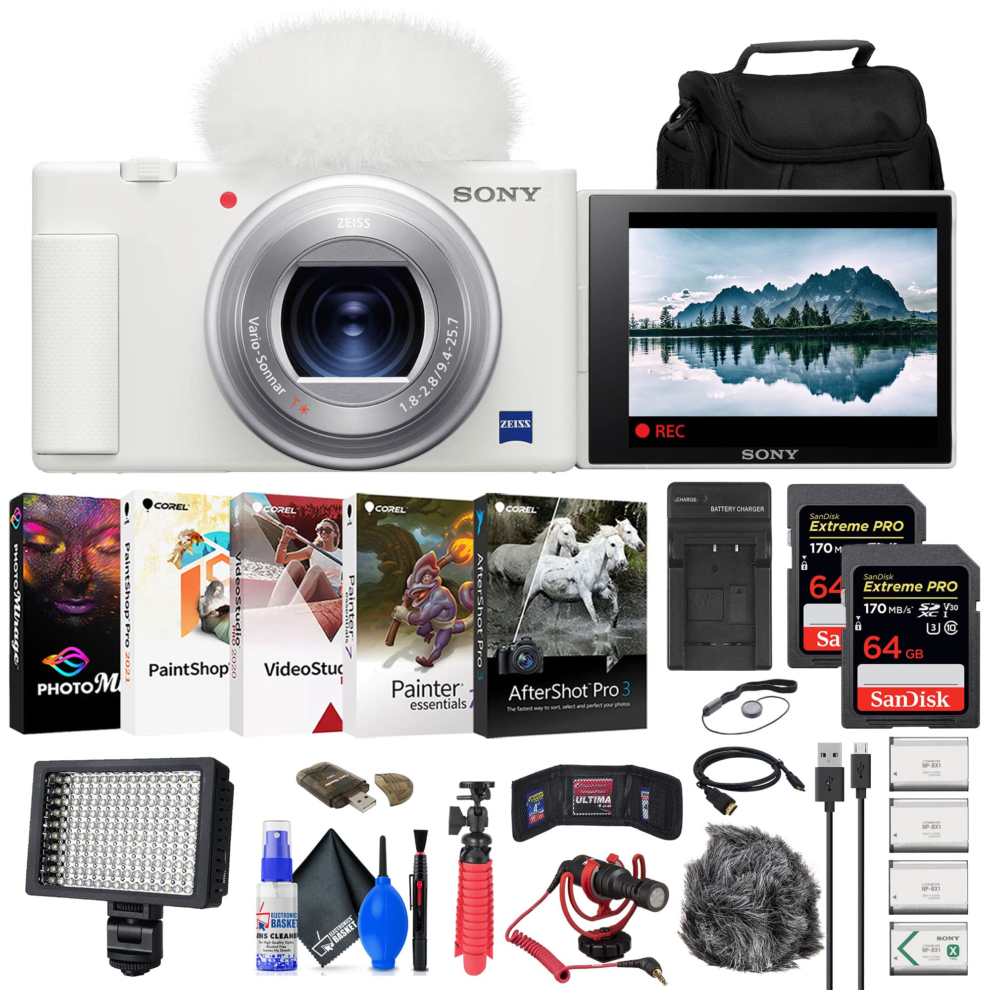 Sony ZV-1 Digital Camera (White) (DCZV1/W) + 2 x 64GB Card + Case + 3 x NP-BX1 Battery + Card Reader + LED Light + Corel Photo Software + Rode Compact Mic + Charger + More (Renewed)