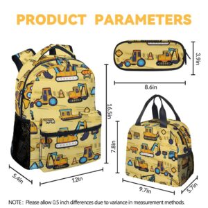 KNOWPHST Construction Backpack with Lunch Box Set for Boys, 3 in 1 Primary Middle School Backpacks Matching Combo, Large Capacity, Durable, Lightweight, Yellow Bookbag and Pencil Case Bundle