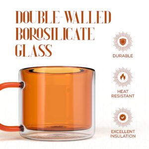 elle decor Double Wall Coffee Mug | Set of 2 | 10-Ounce | Cute Coffee, Tea, and Milk Glass Mugs with Handle | Insulated Tea Cup | Gift Set for Valentines Day, Birthday, & Holidays (Amber)