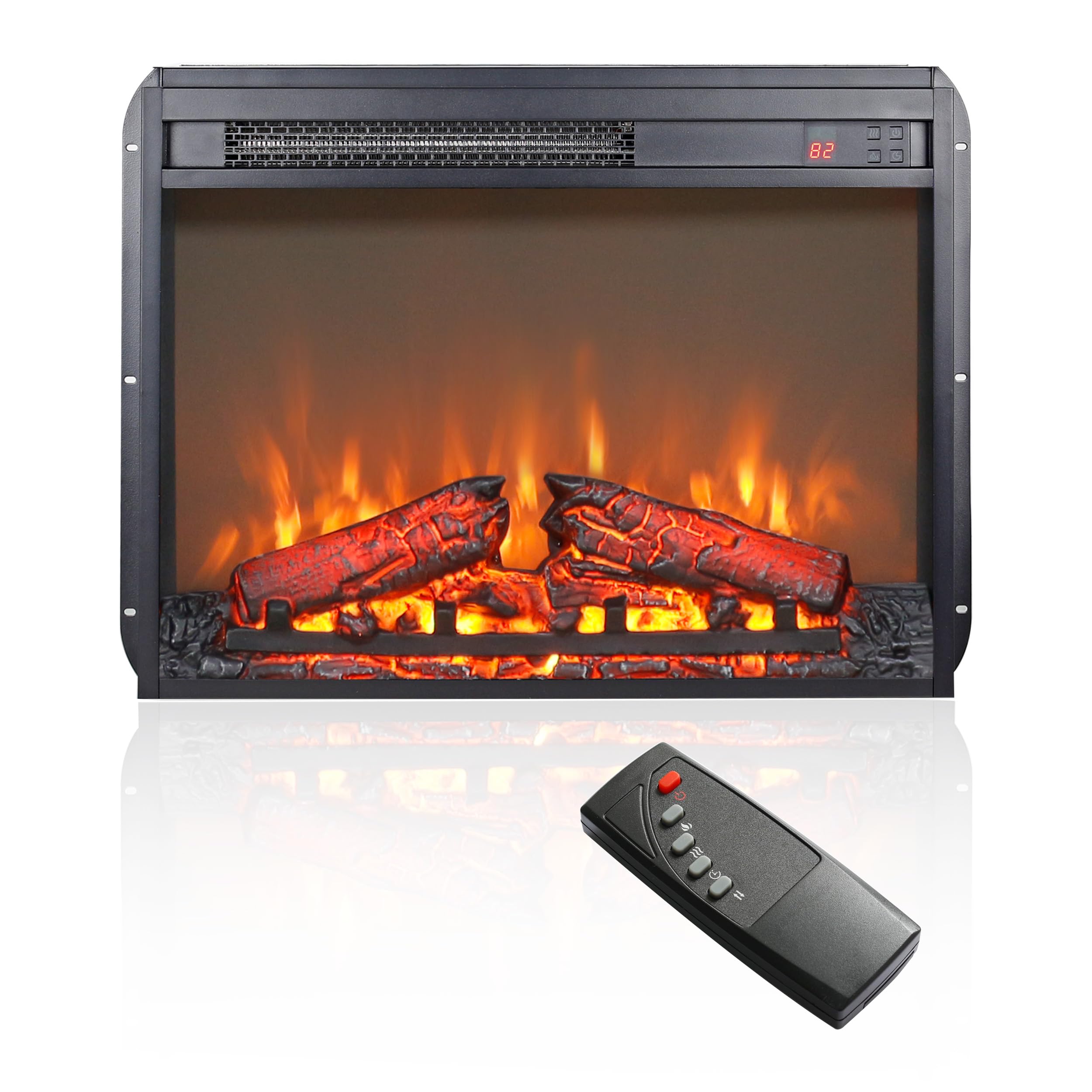 23 Inch Electric Fireplace Insert, Ultra Thin Heater with Log Set & Realistic Flame, Remote Control with Timer, Overheating Protection, BOJATU