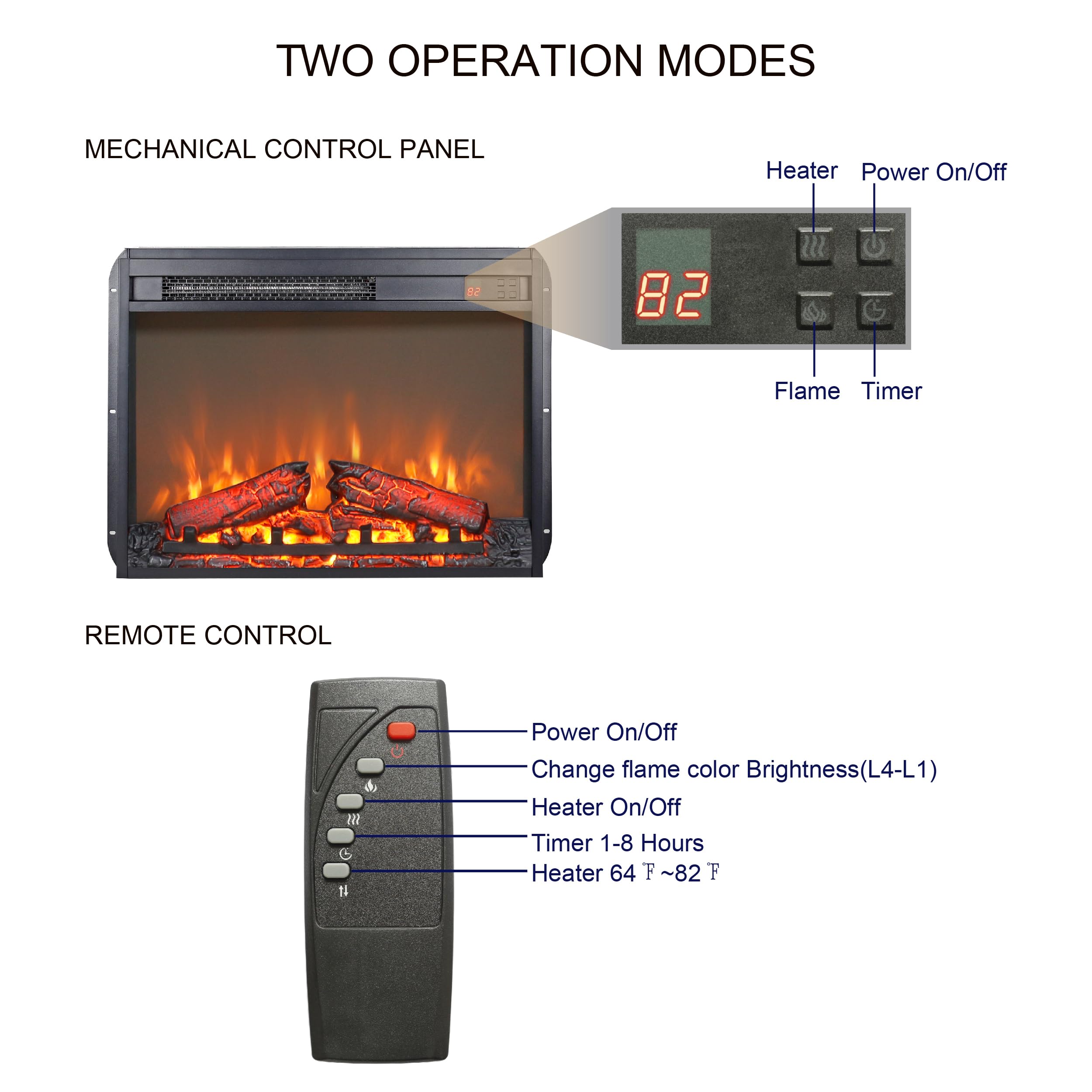 23 Inch Electric Fireplace Insert, Ultra Thin Heater with Log Set & Realistic Flame, Remote Control with Timer, Overheating Protection, BOJATU