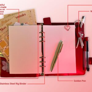 Planner Notebook A5 6 ring binder organizer (red) cover size 9,5’’x 7.25’’ Personal Business organizer planner Journals for writing Leather Journal for Women Notebook for journaling with pen