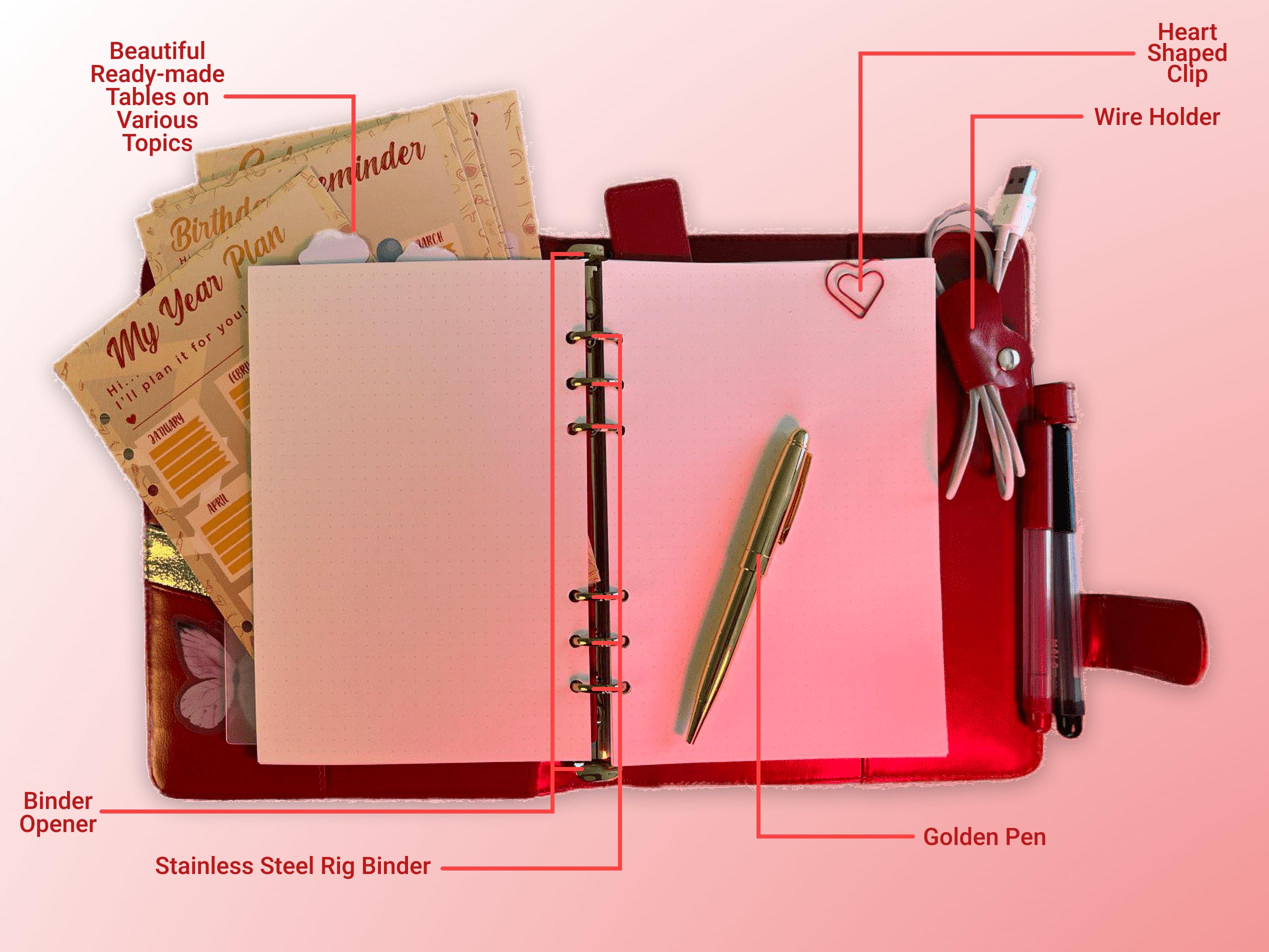 Planner Notebook A5 6 ring binder organizer (red) cover size 9,5’’x 7.25’’ Personal Business organizer planner Journals for writing Leather Journal for Women Notebook for journaling with pen