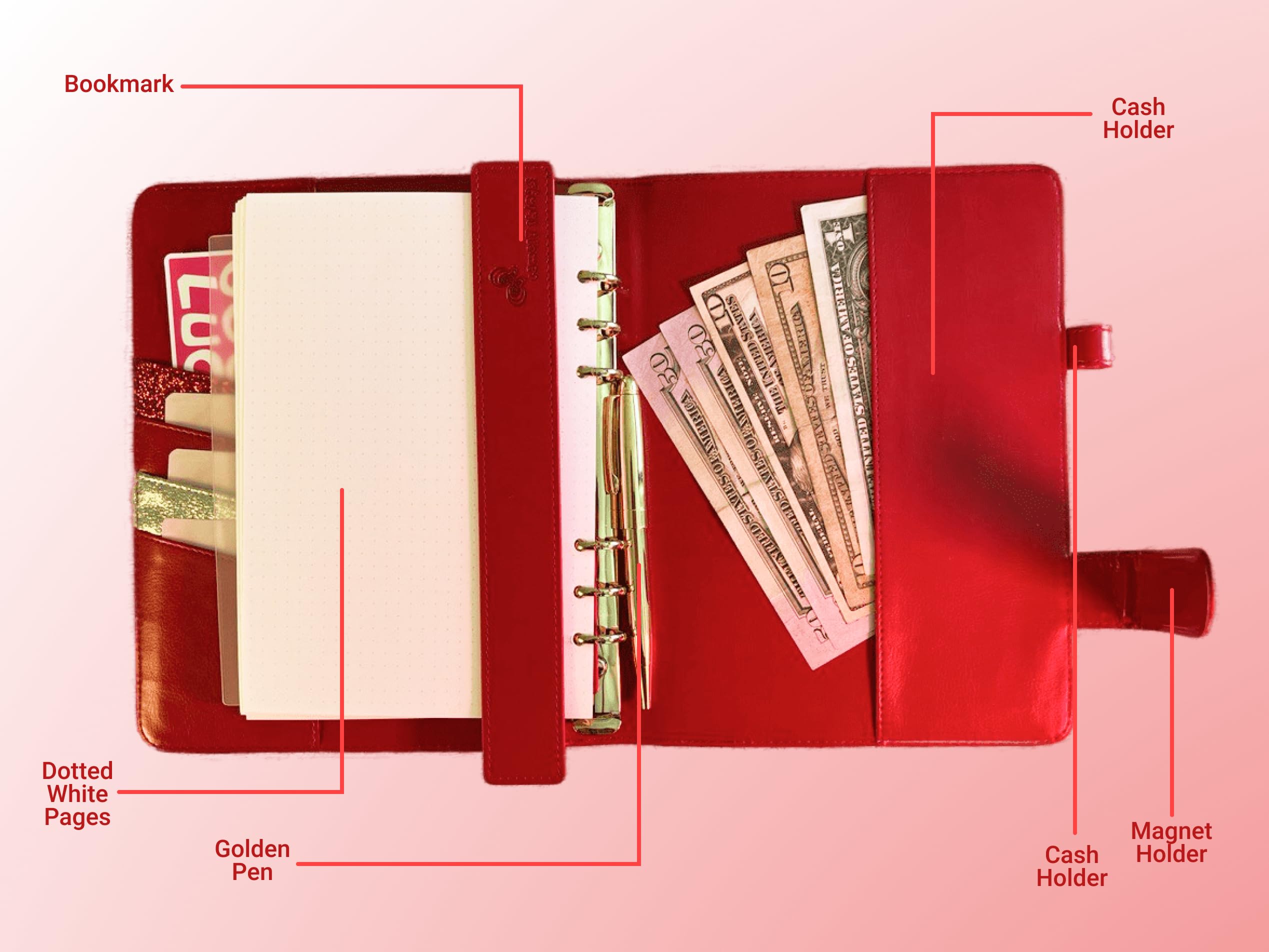 Planner Notebook A5 6 ring binder organizer (red) cover size 9,5’’x 7.25’’ Personal Business organizer planner Journals for writing Leather Journal for Women Notebook for journaling with pen