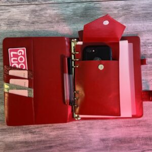 Planner Notebook A5 6 ring binder organizer (red) cover size 9,5’’x 7.25’’ Personal Business organizer planner Journals for writing Leather Journal for Women Notebook for journaling with pen