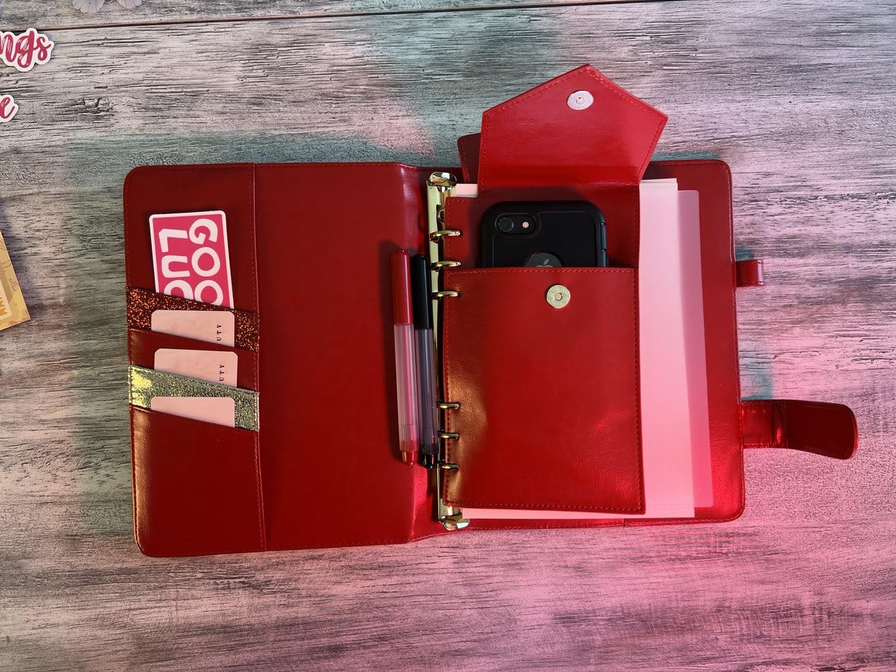 Planner Notebook A5 6 ring binder organizer (red) cover size 9,5’’x 7.25’’ Personal Business organizer planner Journals for writing Leather Journal for Women Notebook for journaling with pen