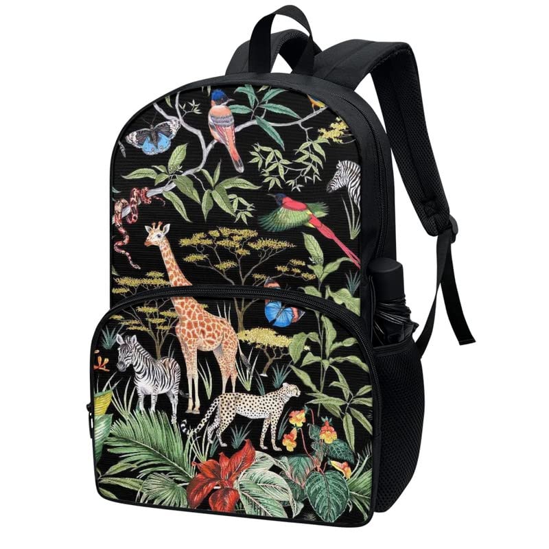 Rivatimrio 17" African Jungle Animals Backpack Teens Boys Girls Middle High Kawaii Giraffe Zebra Leopard School Bag Splashproof Lightweight Bird Monstera Leaves Bookbag