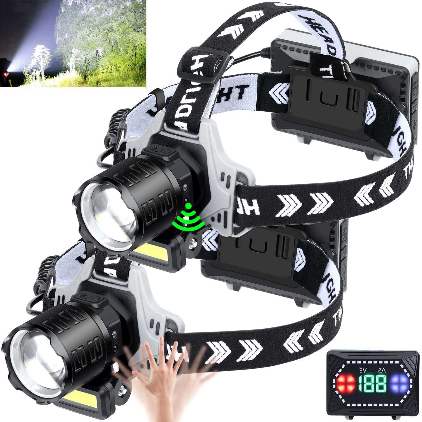 AXRUNZE LED Headlamp Rechargeable 150000 Lumens Super Bright with 10 Modes & Motion Sensor, Head Lamp Flashlight with Zoomable, IPX7 Waterproof,135°Adjustable for Outdoor Hiking Camping Running 2 Pack