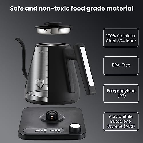 Tisanio Electric Gooseneck Kettle with LCD Display Temperature Control, Pour Over Coffee Kettle & Tea Kettle, Auto Shut-off, 100% Stainlee Steel, 1200 Watt Quick Heating, 0.8L, Black