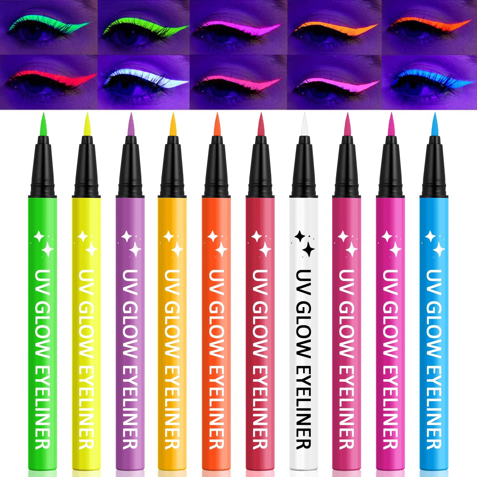 Erinde 10 Colors UV Neon Glow Liquid Eyeliner Set, Matte Colored Eye Liner Pen, Waterproof Smudge Proof, High Pigmented Colorful Graphic Liners for Rave Party Halloween Neon Face Body Paint Makeup