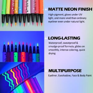 Erinde 10 Colors UV Neon Glow Liquid Eyeliner Set, Matte Colored Eye Liner Pen, Waterproof Smudge Proof, High Pigmented Colorful Graphic Liners for Rave Party Halloween Neon Face Body Paint Makeup