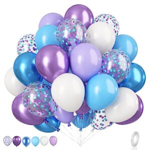 blue and purple balloons set, 50 pcs blue 12 inch mermaid balloons, metallic purple blue white latex balloons confetti helium balloons for girls mermaid birthday party baby shower winter supplies