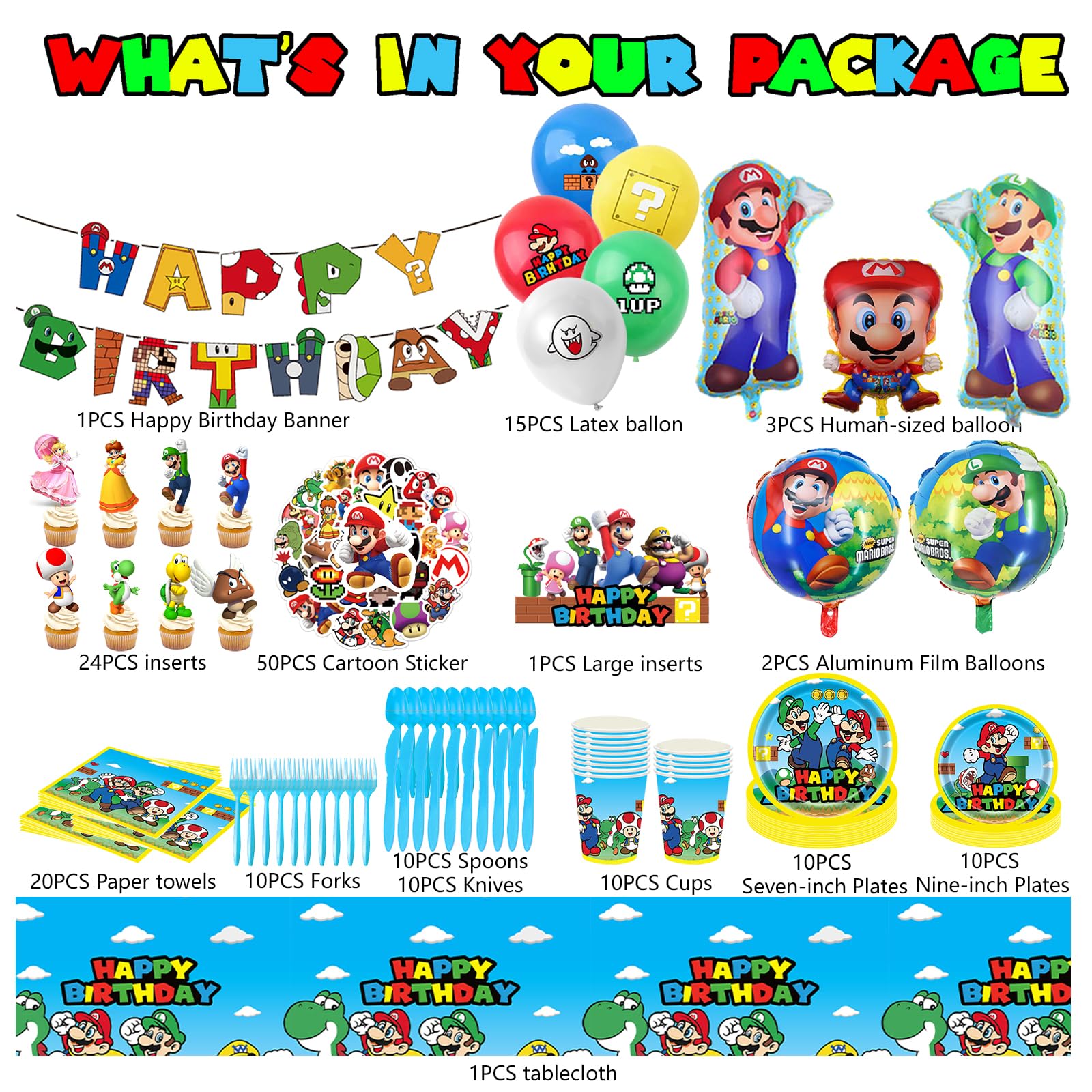 189 PCS Birthday Party Supplies, Party Decorations Includes Balloons, Film Balloons, Plates, Cups, Banners, Knives, Forks, Spoons, Napkins, Stickers, Cake Topper, Cupcake Toppers, Tablecloth