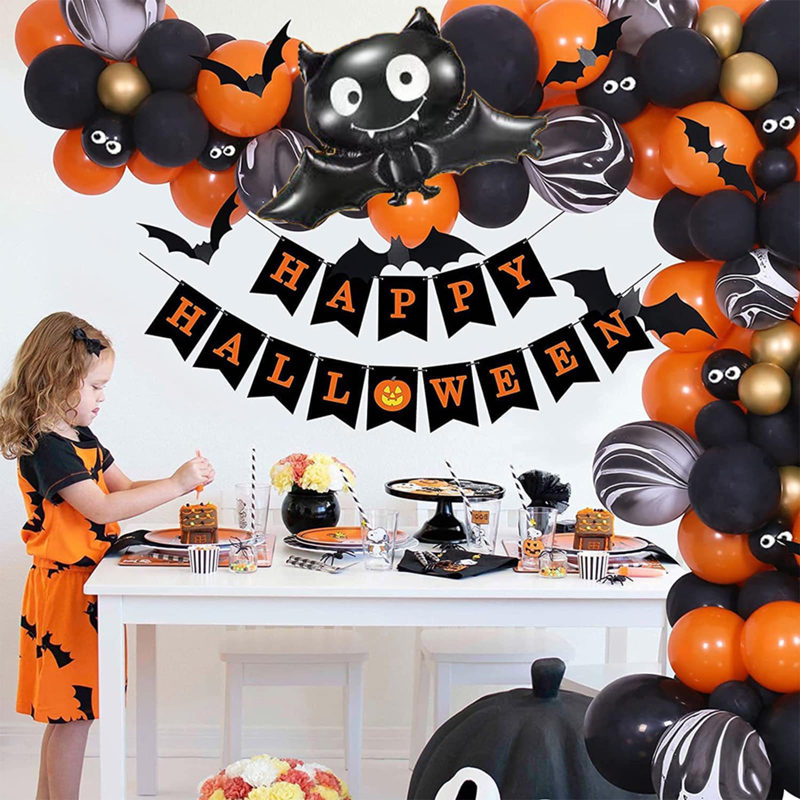 127Pcs Halloween Balloons Arch Garland Kit, Black Orange Latex Balloons Large Bat Balloon With Halloween Banner For Halloween Party Decoration, Halloween Party Supplies