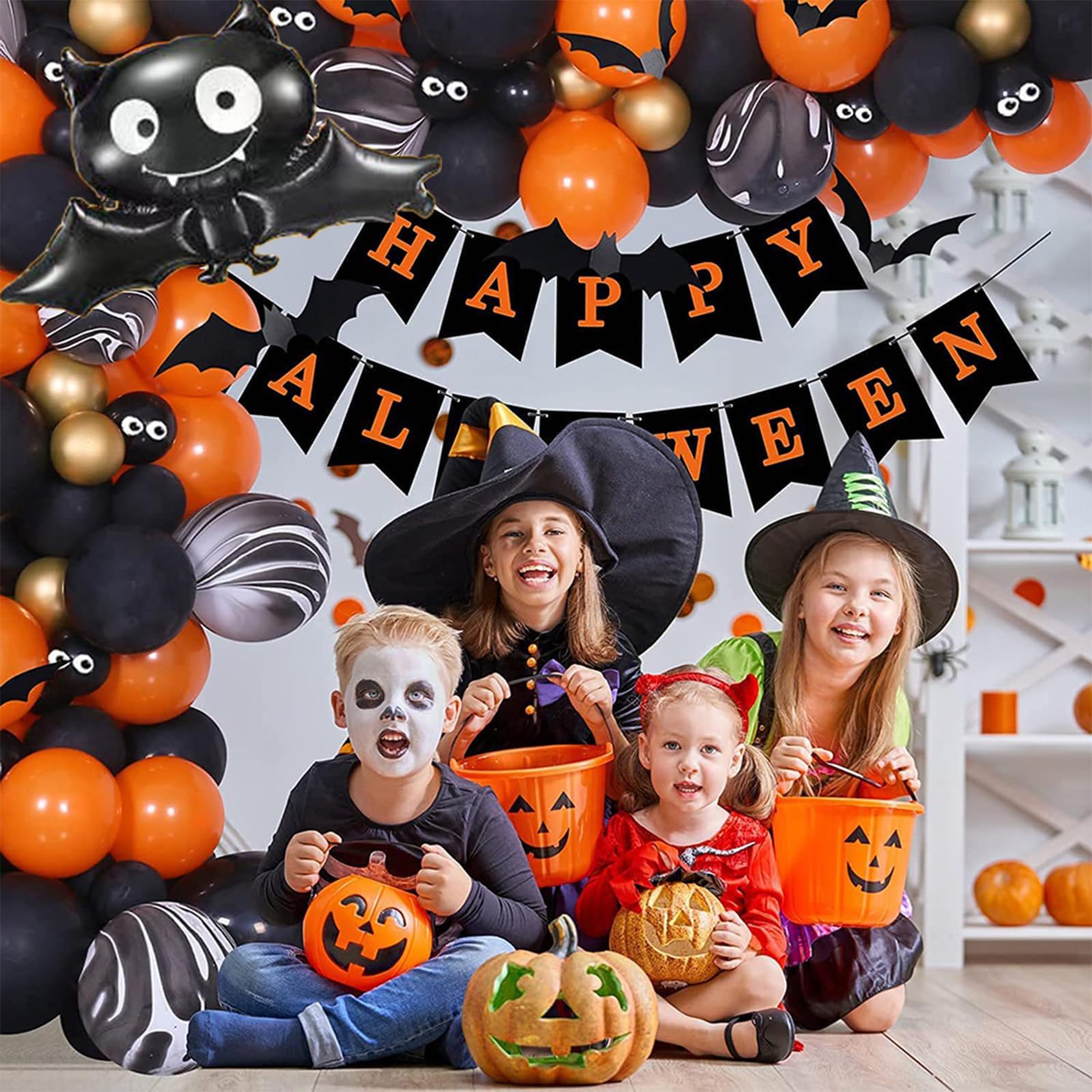 127Pcs Halloween Balloons Arch Garland Kit, Black Orange Latex Balloons Large Bat Balloon With Halloween Banner For Halloween Party Decoration, Halloween Party Supplies