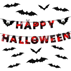 minired halloween banner, happy halloween bunting banner with bats, premium horror halloween party decorations supplies (with 12pcs 3d bat stickers)