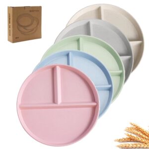 pupopik 9" unbreakable divided plates set of 5, wheat straw plate reusable dinnerware portion control plate, round bariatric plastic plate for kids adults, bpa-free, dishwasher safe