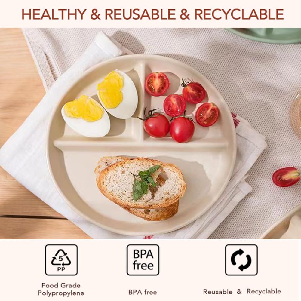 PUPOPIK 9" Unbreakable Divided Plates Set of 5, Wheat Straw Plate Reusable Dinnerware Portion Control Plate, Round Bariatric Plastic Plate for Kids Adults, BPA-free, Dishwasher Safe