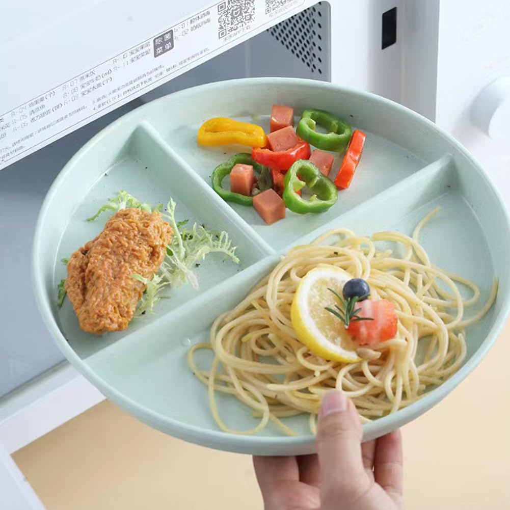 PUPOPIK 9" Unbreakable Divided Plates Set of 5, Wheat Straw Plate Reusable Dinnerware Portion Control Plate, Round Bariatric Plastic Plate for Kids Adults, BPA-free, Dishwasher Safe