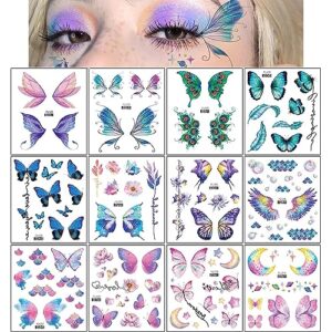 konsait 12 sheets glitter butterfly temporary tattoos for women girls butterfly face tattoos for women eye sticker fairy makeup kids tattoos temporary for girls fairy princess party favors