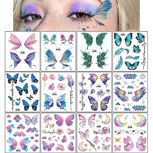 Konsait 12 Sheets Glitter Butterfly Temporary Tattoos for Women Girls Butterfly Face Tattoos for Women Eye Sticker Fairy Makeup Kids Tattoos Temporary For Girls Fairy Princess Party Favors