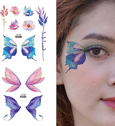 Konsait 12 Sheets Glitter Butterfly Temporary Tattoos for Women Girls Butterfly Face Tattoos for Women Eye Sticker Fairy Makeup Kids Tattoos Temporary For Girls Fairy Princess Party Favors