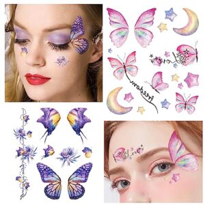 Konsait 12 Sheets Glitter Butterfly Temporary Tattoos for Women Girls Butterfly Face Tattoos for Women Eye Sticker Fairy Makeup Kids Tattoos Temporary For Girls Fairy Princess Party Favors