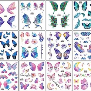 Konsait 12 Sheets Glitter Butterfly Temporary Tattoos for Women Girls Butterfly Face Tattoos for Women Eye Sticker Fairy Makeup Kids Tattoos Temporary For Girls Fairy Princess Party Favors