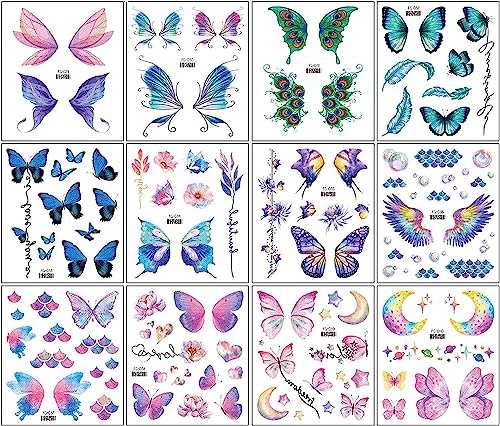 Konsait 12 Sheets Glitter Butterfly Temporary Tattoos for Women Girls Butterfly Face Tattoos for Women Eye Sticker Fairy Makeup Kids Tattoos Temporary For Girls Fairy Princess Party Favors