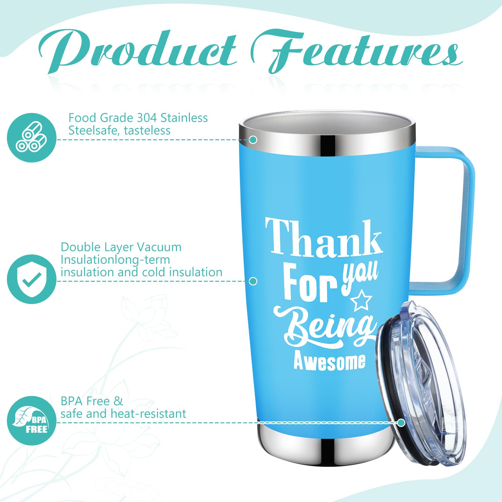 Bokon 6 Pcs Thank You Gift 20oz Stainless Steel Insulated Coffee Mug with Handle Employee Appreciation Gift Travel Tumblers Inspirational Gifts for Coworker Nurse Teacher Volunteer Social Worker Mom