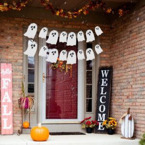 Halloween Ghost Banner, White Halloween Party Banner for Haunted House Fireplace Doorways Indoor Outdoor Halloween Party Decorations Supplies (2 Pack)