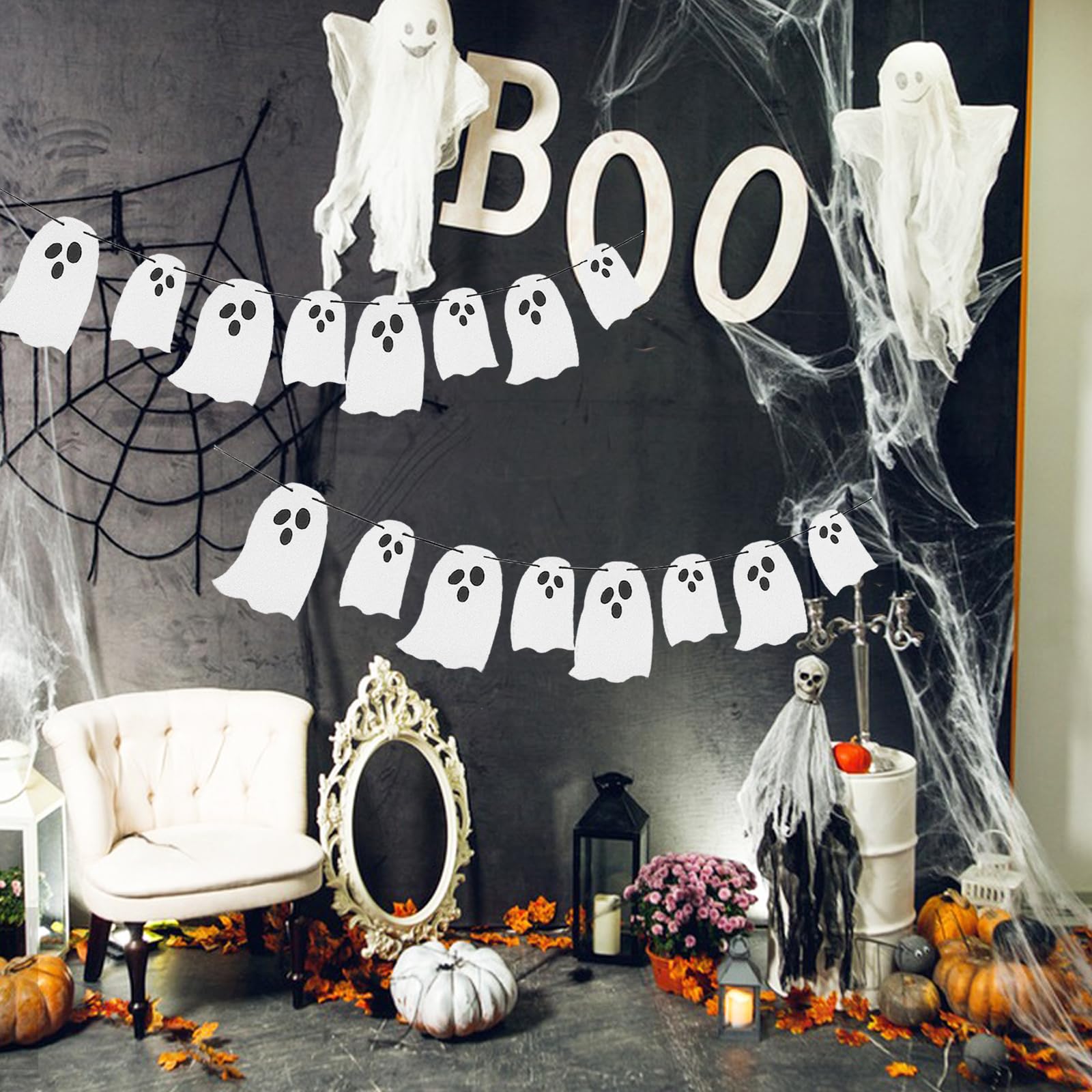 Halloween Ghost Banner, White Halloween Party Banner for Haunted House Fireplace Doorways Indoor Outdoor Halloween Party Decorations Supplies (2 Pack)