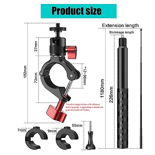 Motorcycle Bike Selfie Stick Handlebar Mount, Bicycle Motorcycle Clamp Mount Selfie Stick for Insta360 X3 X2 X ONE RS R, GoPro, Perfect for Cycling Videos, Third-Person Bike Handlebar Mount Camera