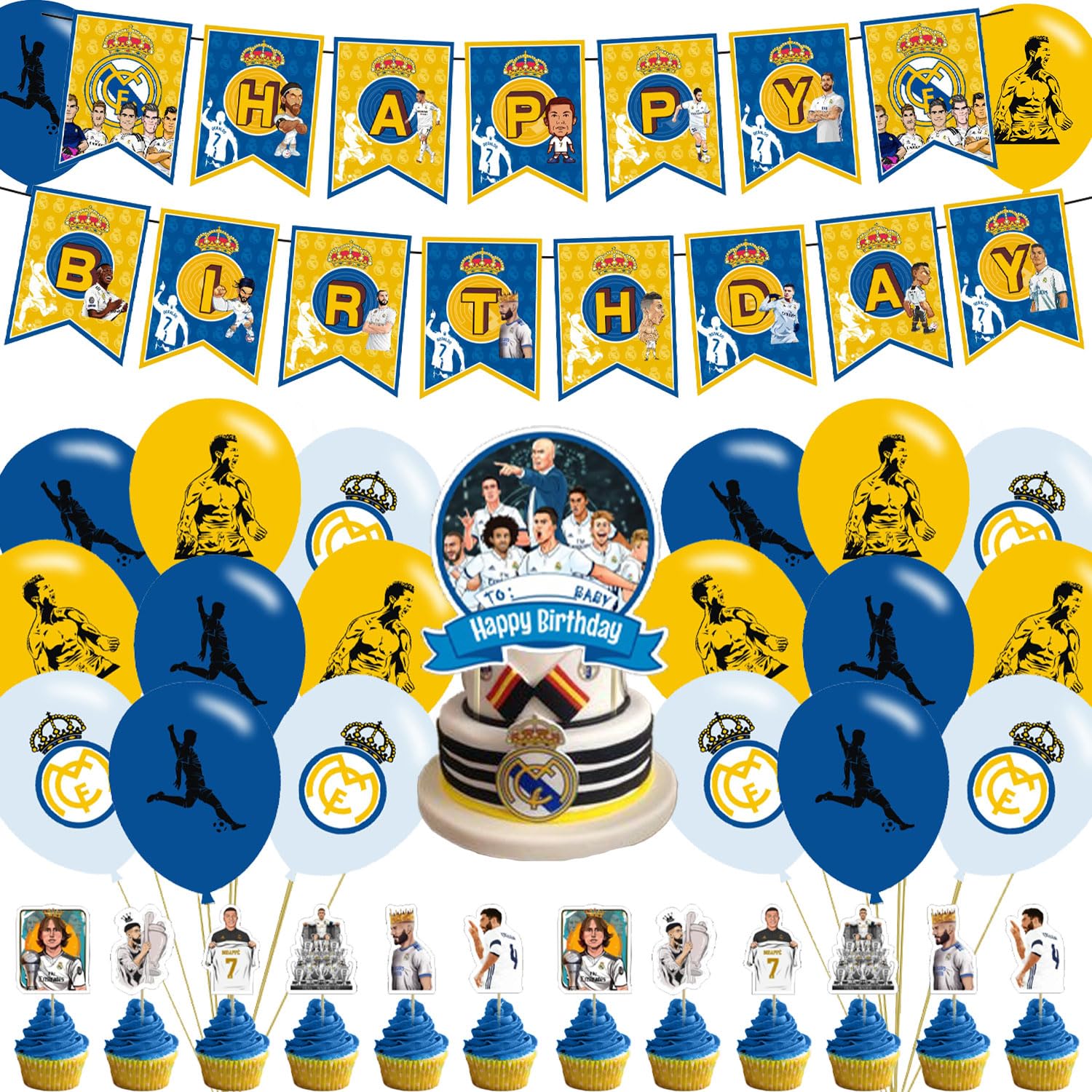 Real Madrid CF Party Decorations,Soccer Birthday Party Supplies Includes Banner - Cake Topper - 12 Cupcake Toppers - 18 Balloons