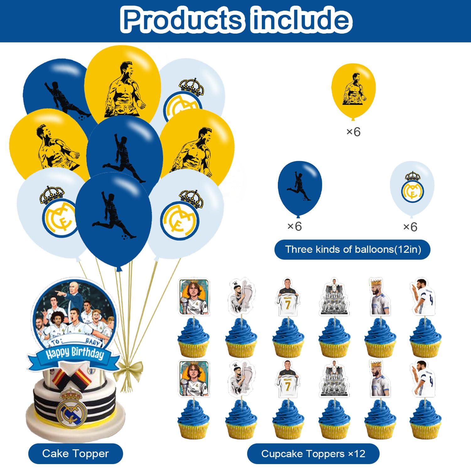 Real Madrid CF Party Decorations,Soccer Birthday Party Supplies Includes Banner - Cake Topper - 12 Cupcake Toppers - 18 Balloons