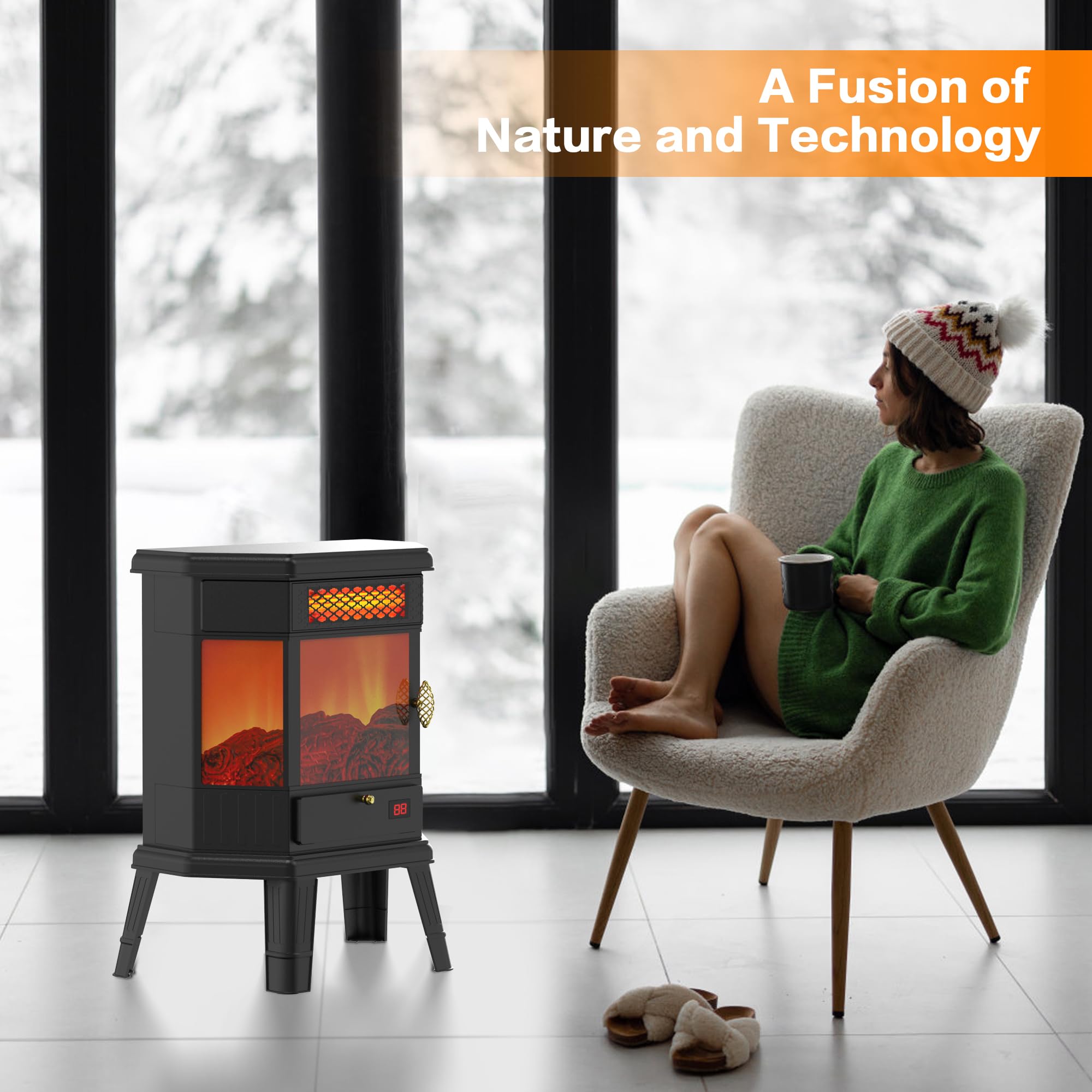 Electric Fireplace Heater 22'' Freestanding Fireplace Stove Infrared Fireplace RealSmart with 3D Flame Effect Remote Control, Timer, Overheating Protection Heater for Indoor Use Black