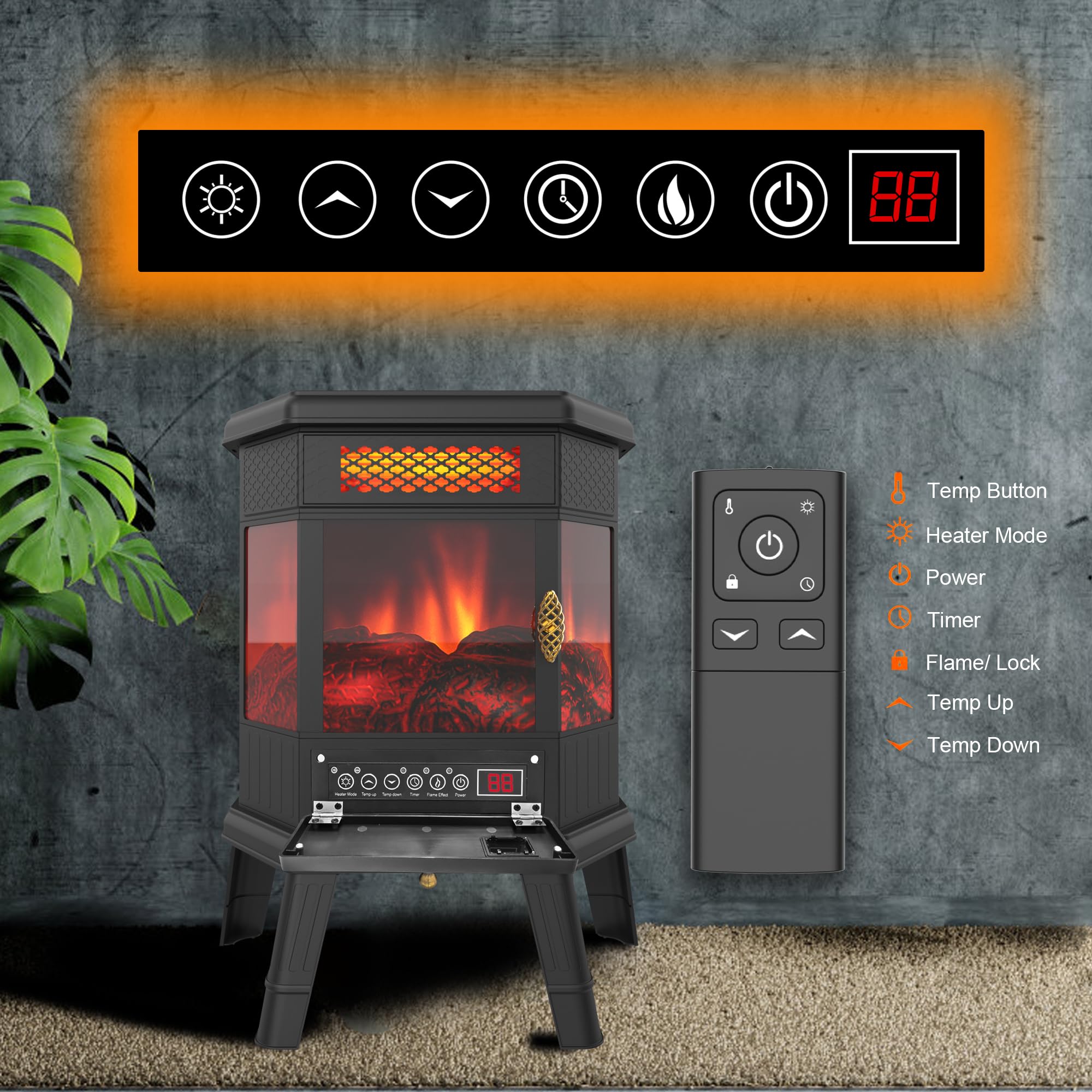 Electric Fireplace Heater 22'' Freestanding Fireplace Stove Infrared Fireplace RealSmart with 3D Flame Effect Remote Control, Timer, Overheating Protection Heater for Indoor Use Black