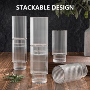 CWHHRN 16OZ Ribbed Glass Cups with Bamboo Lids and Glass Straws 4 Set, Vintage Glassware for Whiskey Cocktail Beer, Iced Coffee Cups for Cute Gifts (4 Set)