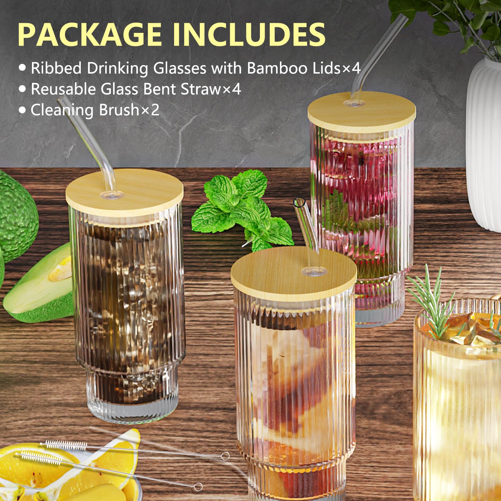 CWHHRN 16OZ Ribbed Glass Cups with Bamboo Lids and Glass Straws 4 Set, Vintage Glassware for Whiskey Cocktail Beer, Iced Coffee Cups for Cute Gifts (4 Set)