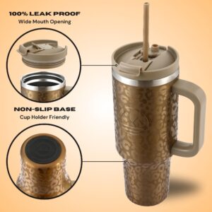 Thermosis 40 oz Tumbler with Handle and Straw | Leakproof Tumbler with Straw Insulated Travel Mug Fits Cupholders | Insulated Cup 40 oz Water Bottle with Straw Stainless Steel Tumbler - Gold Leopard