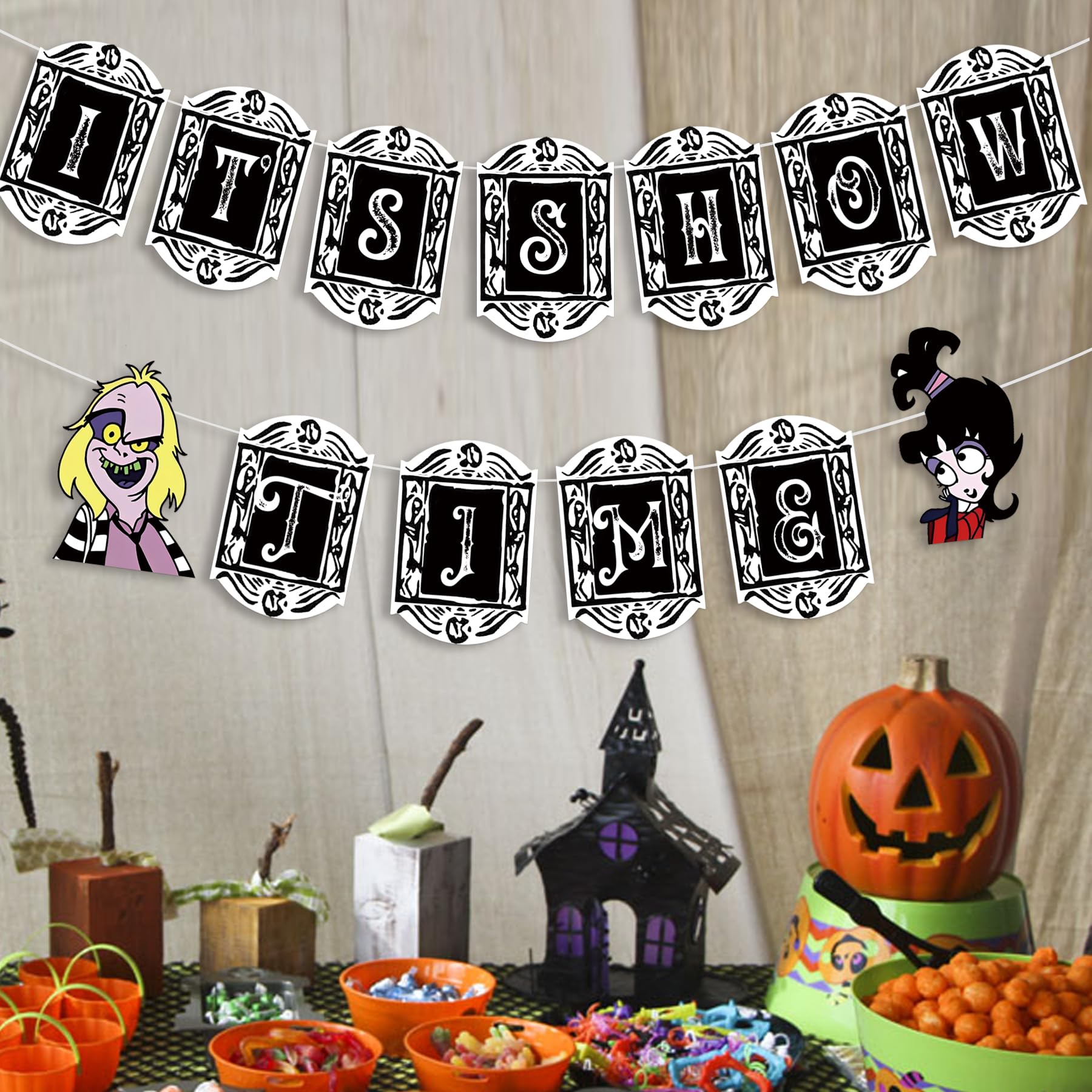 KARAQY It's Show Time Party Banner, Black and White Party Banner for Halloween Party Decorations Beetle Birthday Party Supplies