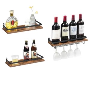 HOOBRO Wall Mounted Wine Rack 3 Pack, Wine Shelf Hanging Floating Wall Shelves, Wine Glass Bottle Rack Stemware Holder, for Living Room, Dining Room, Kitchen, Rustic Brown and Black BF34BJ01