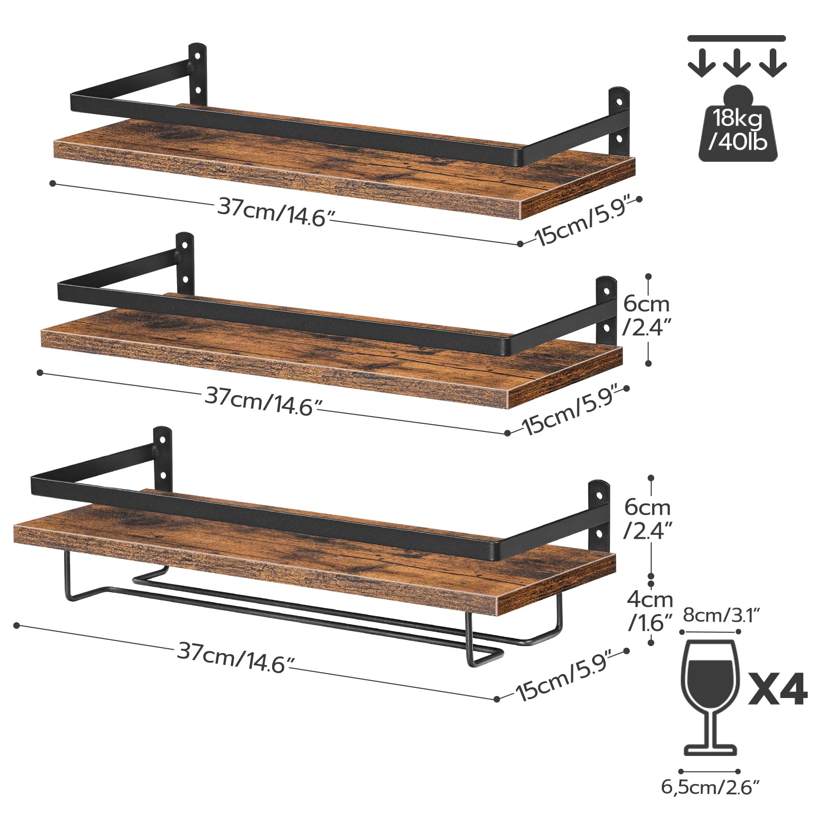 HOOBRO Wall Mounted Wine Rack 3 Pack, Wine Shelf Hanging Floating Wall Shelves, Wine Glass Bottle Rack Stemware Holder, for Living Room, Dining Room, Kitchen, Rustic Brown and Black BF34BJ01