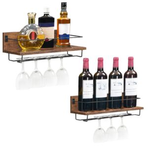 HOOBRO Wall Mounted Wine Rack 2 Pack, Wine Shelf Hanging Floating Wall Shelves, Wine Glass Bottle Rack Stemware Holder, for Living Room, Dining Room, Kitchen, Rustic Brown and Black BF28BJ01