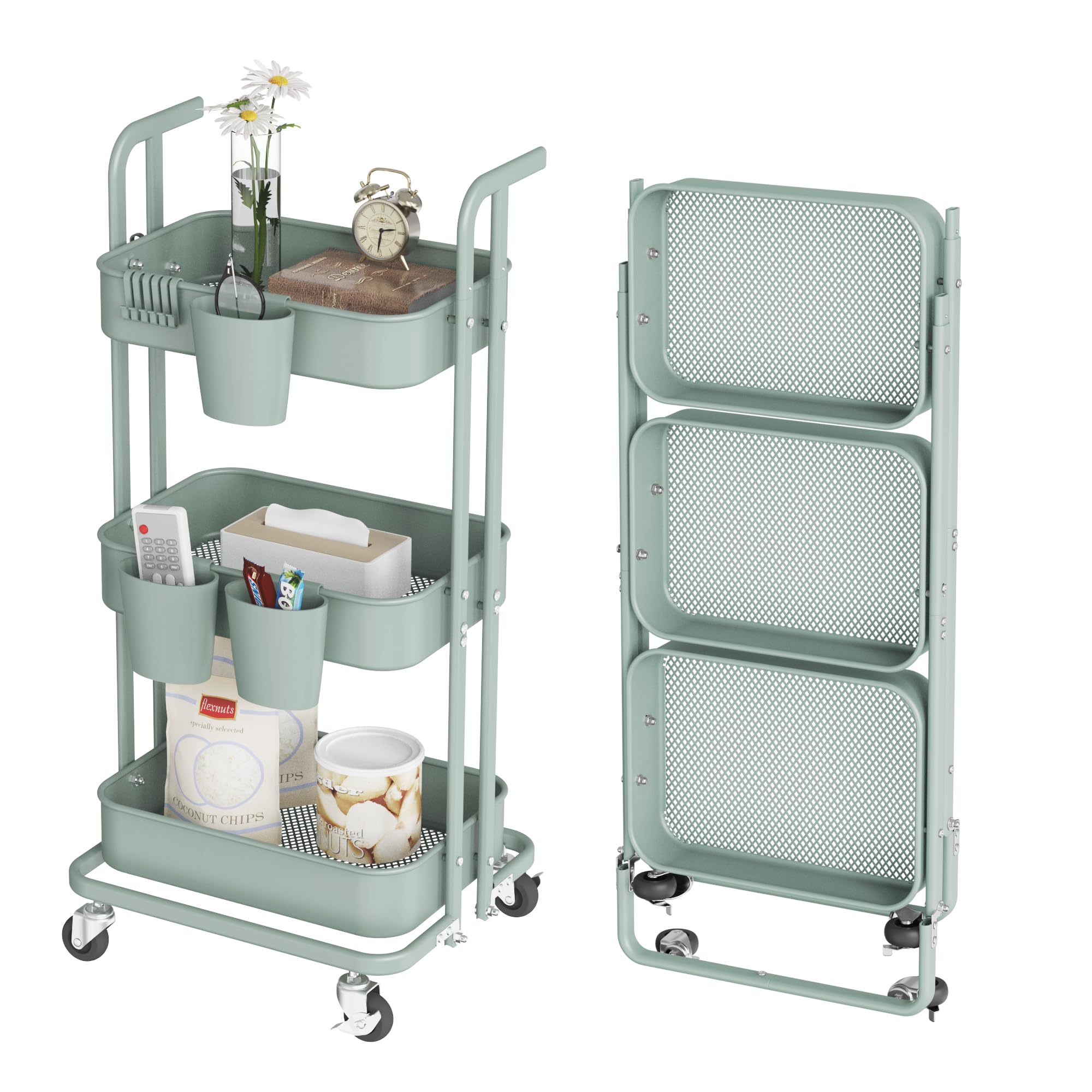 DTK 3 Tier Foldable Rolling Cart, Metal Utility Cart with Lockable Wheels, Folding Storage Trolley for Living Room, Kitchen, Bathroom, Bedroom and Office, Green