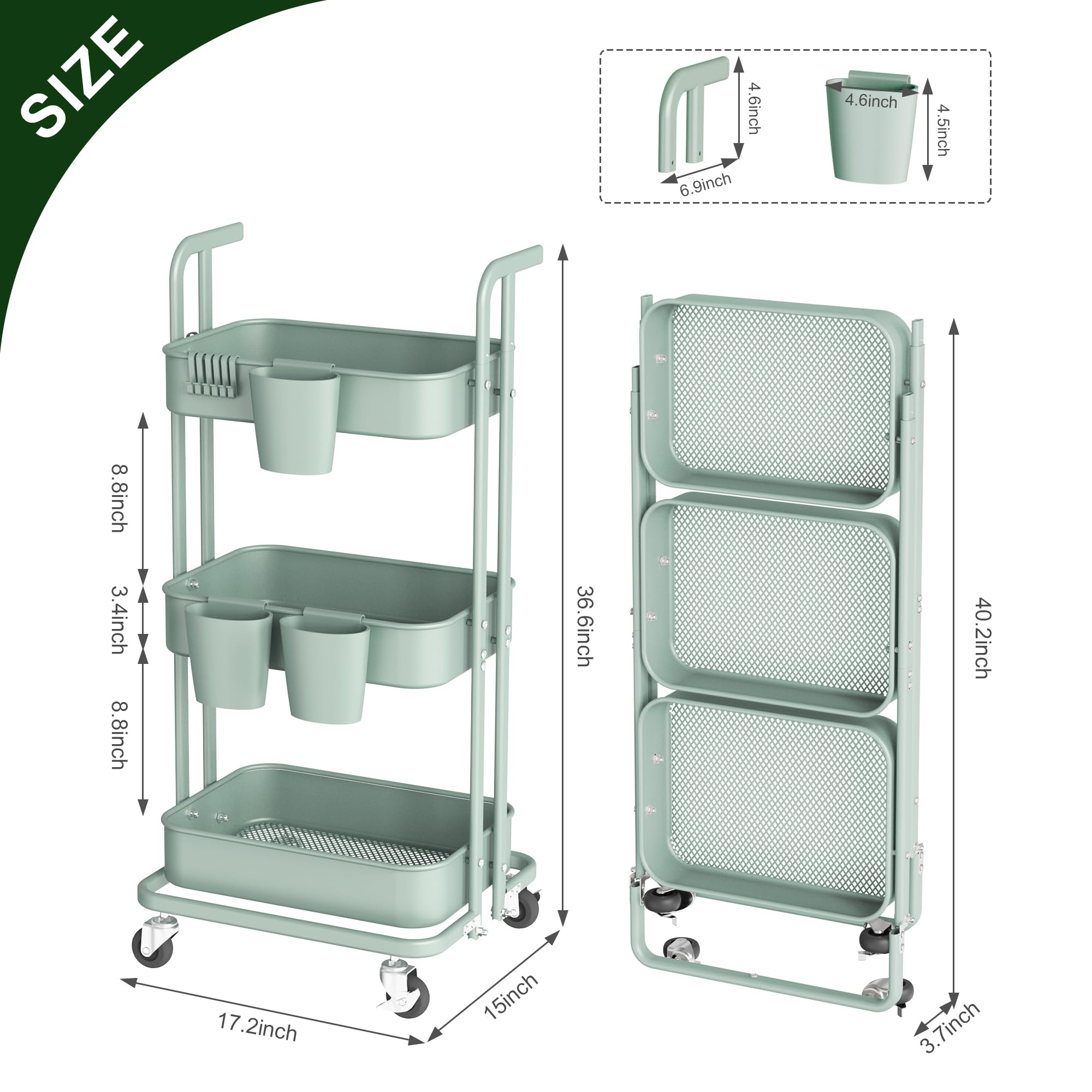 DTK 3 Tier Foldable Rolling Cart, Metal Utility Cart with Lockable Wheels, Folding Storage Trolley for Living Room, Kitchen, Bathroom, Bedroom and Office, Green