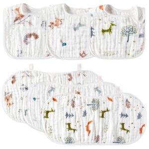 zainpe 6pcs snap cotton muslin baby burp cloths & bibs set owl fox deer soft absorbent drooling bibs adjustable face towels for unisex infant newborn toddler boys girls feeding teething eating