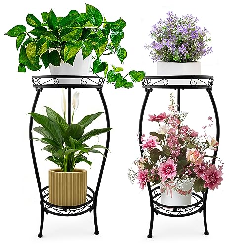 2 Pack Plant Stand Indoor Outdoor, 2 Tier Tall Black Metal Rustproof Stable Plant Stands, Multiple Plant Sturdy Rack Holder Rack Flower Pot Stand Heavy Duty Plant Round Shelf.