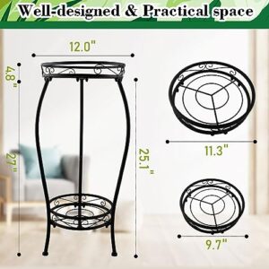 2 Pack Plant Stand Indoor Outdoor, 2 Tier Tall Black Metal Rustproof Stable Plant Stands, Multiple Plant Sturdy Rack Holder Rack Flower Pot Stand Heavy Duty Plant Round Shelf.